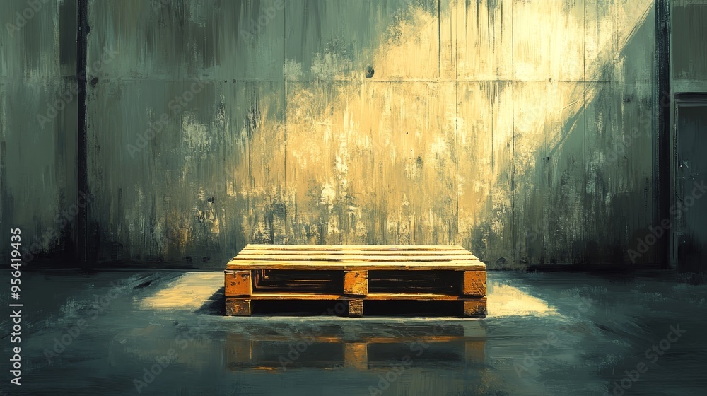 An empty warehouse with a single pallet, captured in an abstract ...