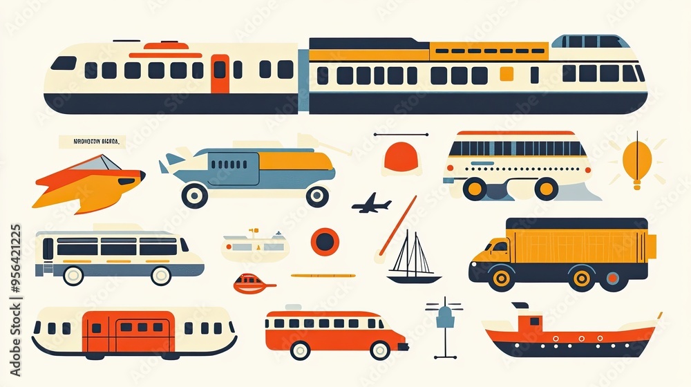 36. A set of graphic elements featuring different types of transport ...