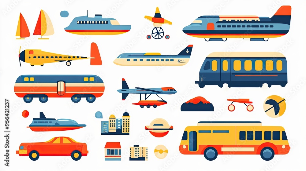 36. A set of graphic elements featuring different types of transport ...