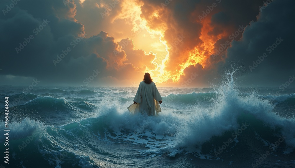Jesus calming the storm on the Sea of Galilee with a focus on the ...