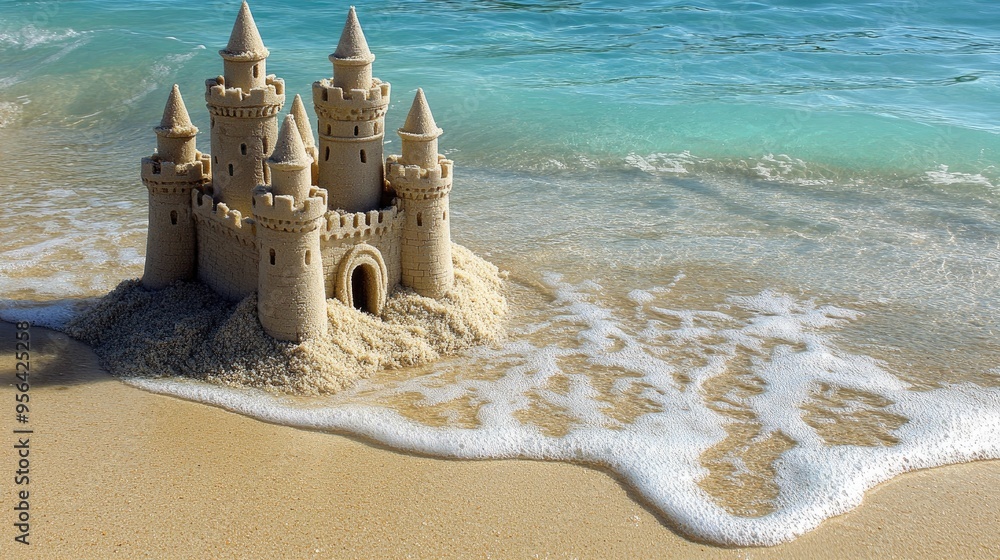 Sandcastle with towers and a moat on the beach sand, partially washed ...