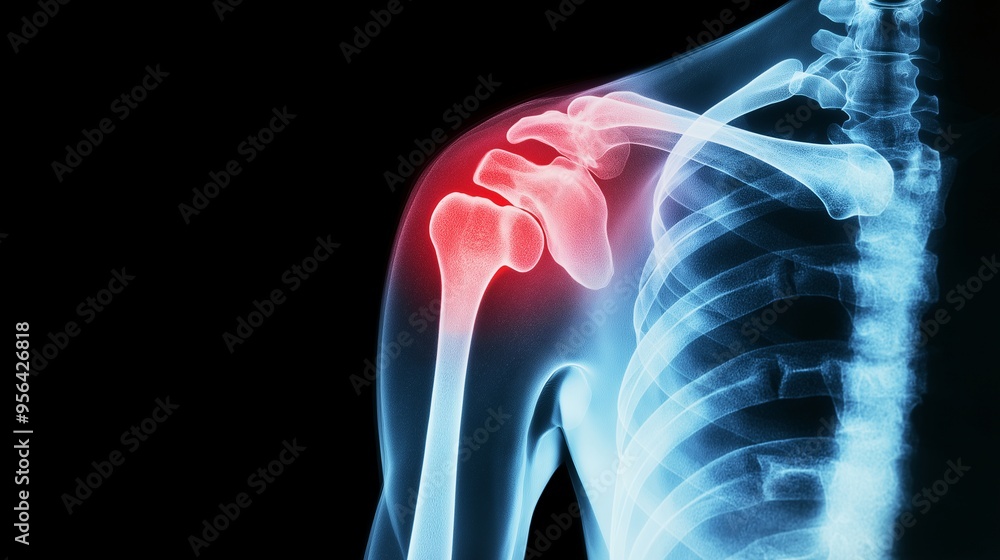 Shoulder Pain X-ray: A medical illustration depicting an x-ray of a ...