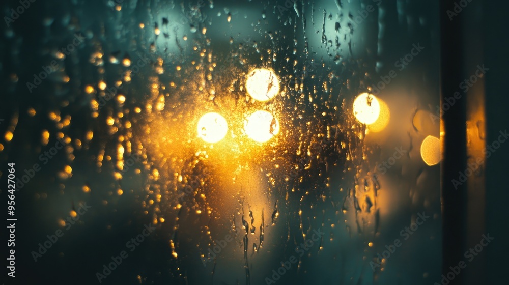 Subtle flash of light seen through a rain-soaked window, with water ...