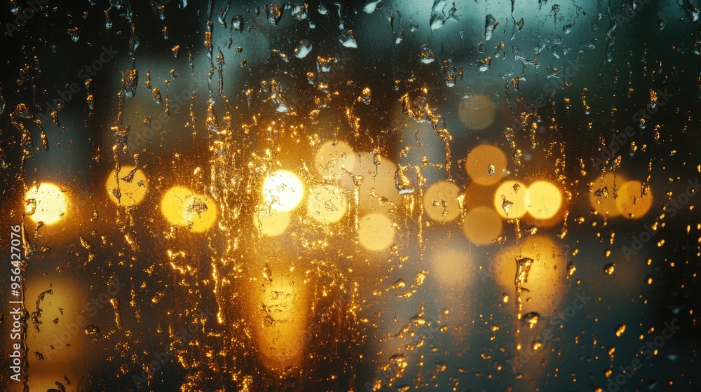 Subtle flash of light seen through a rain-soaked window, with water ...