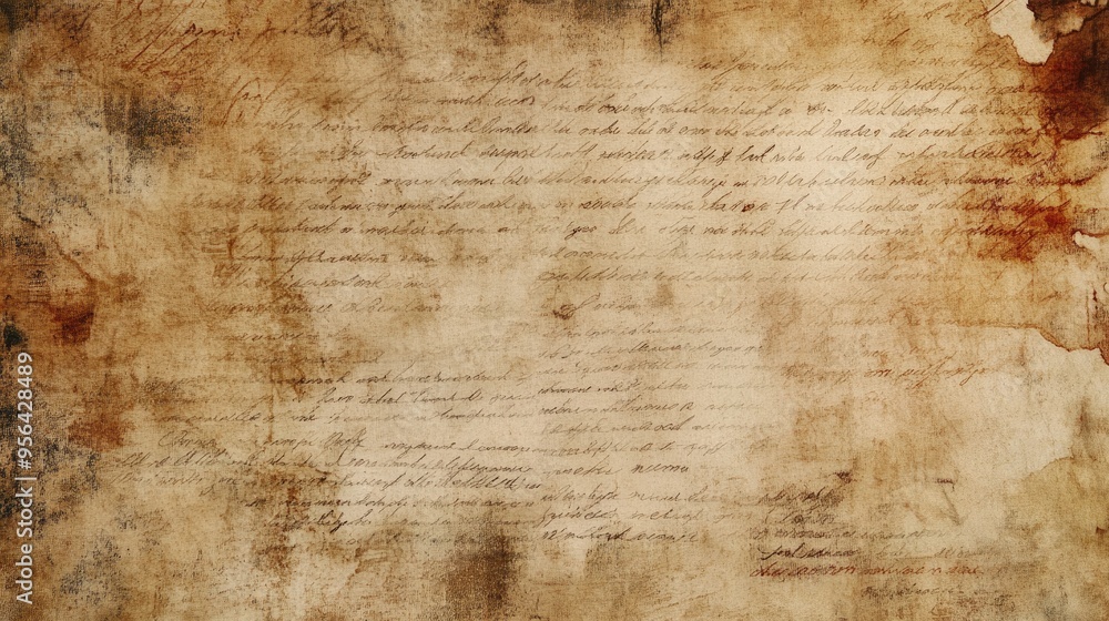 Vintage paper texture with faint script writing, stained spots, and a ...