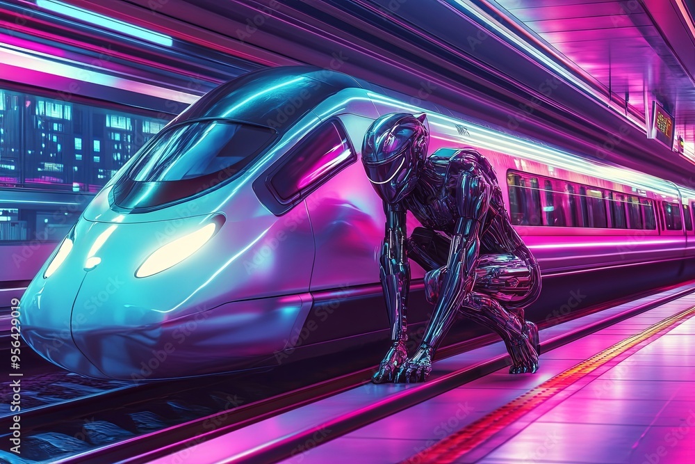 Cyberpunk Racer with Bionic Legs Leaning on Sleek High-Speed Train at ...