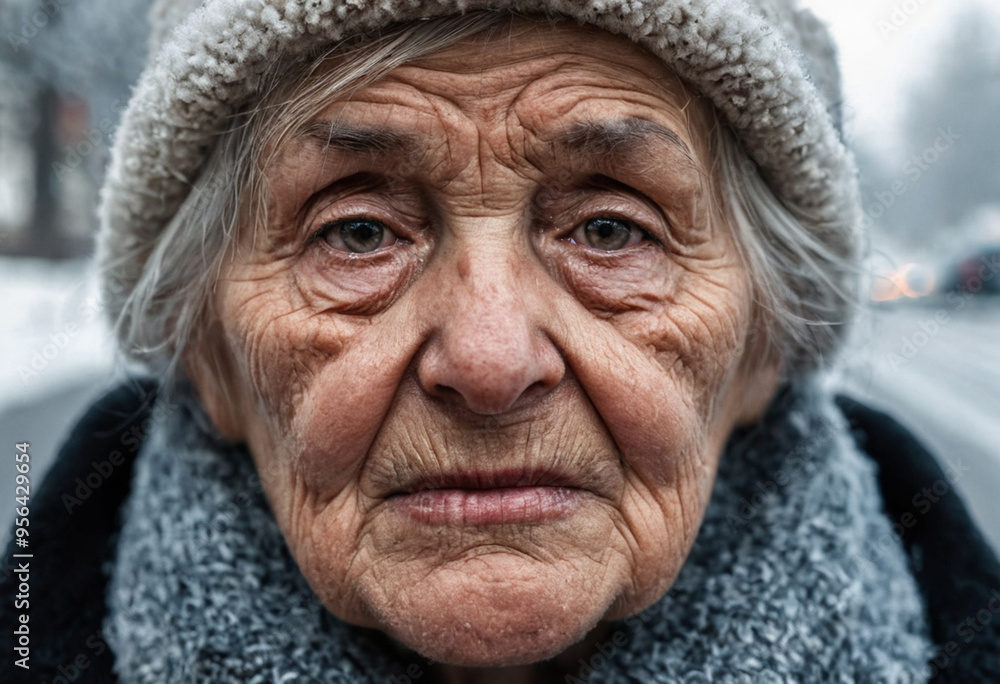 Sad elderly woman, bundled in winter clothes, walking alone on a cold ...