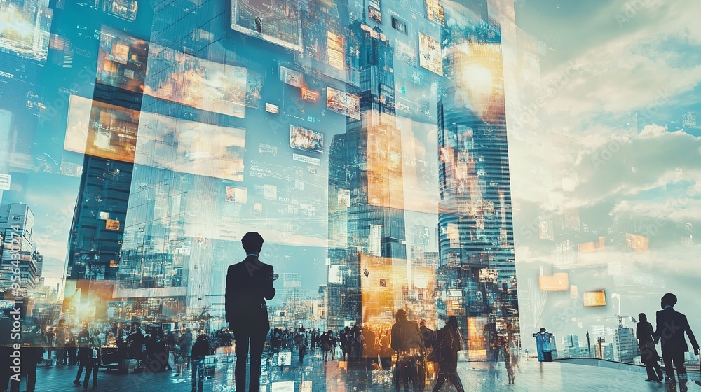 Visual collage depicting business landscapes and technological ...