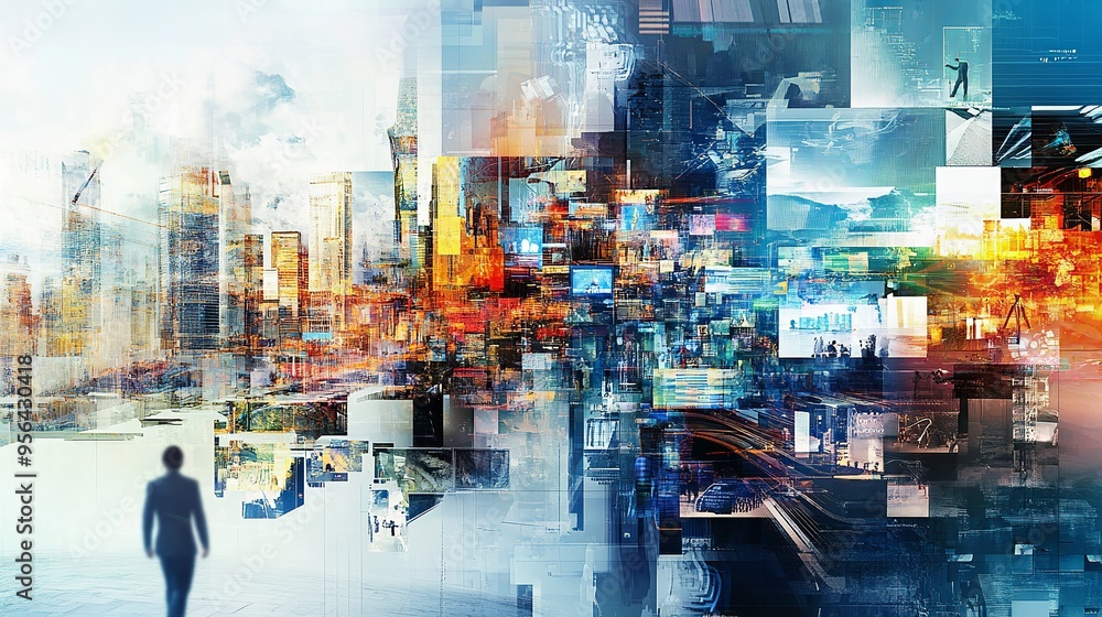 Visual collage depicting business landscapes and technological ...