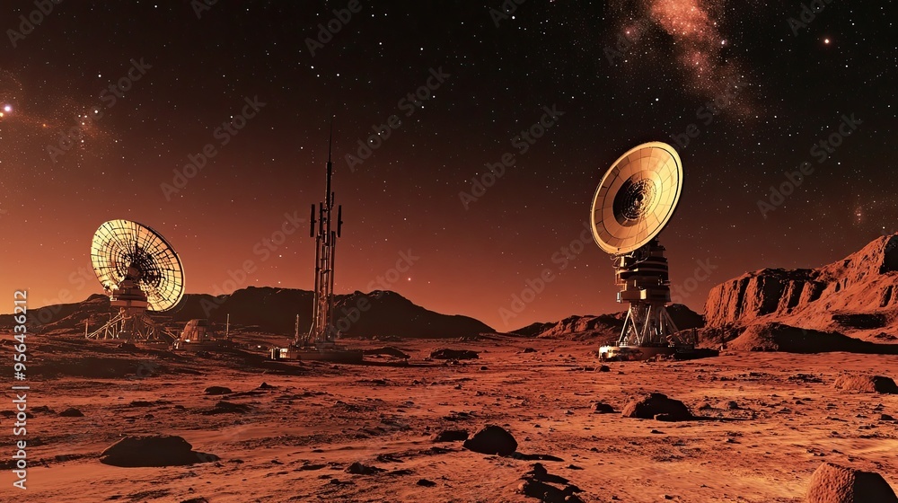Futuristic Martian Outpost: Sleek Spacecraft, Radar Dishes, and ...