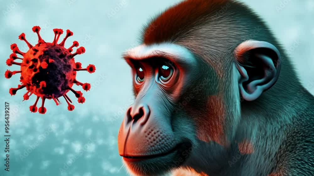close-up of a monkey examining a large virus particle, representing the ...