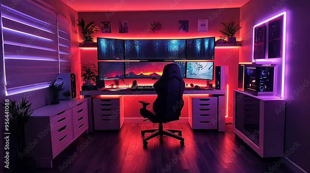 A dynamic RGB gaming room, with vibrant, customizable lighting that ...