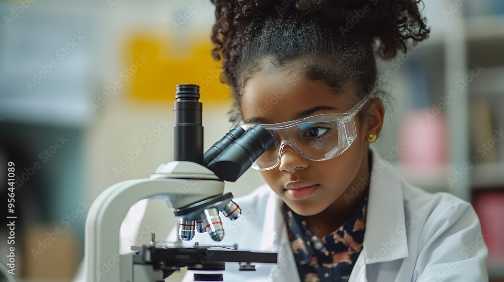 Africanamerican schoolgirl pupil student using working with microscope ...