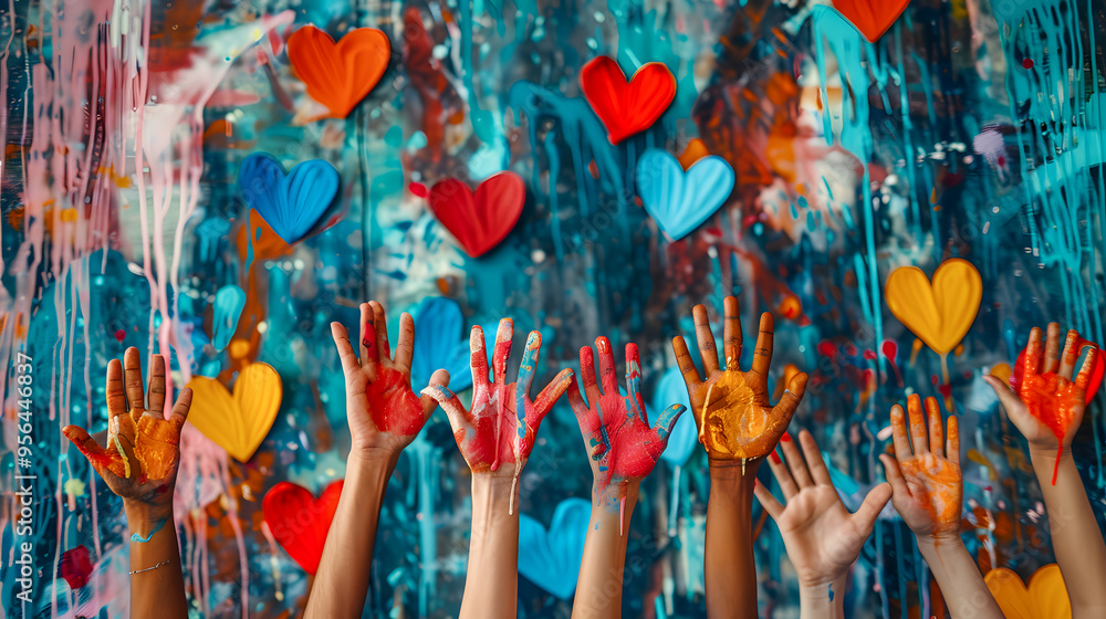 Group of diverse people with arms and hands raised towards hand painted ...
