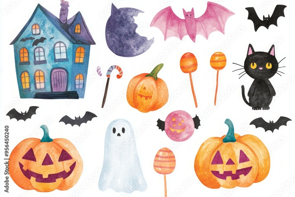 watercolor Halloween-themed clipart. Include elements such as pumpkins ...