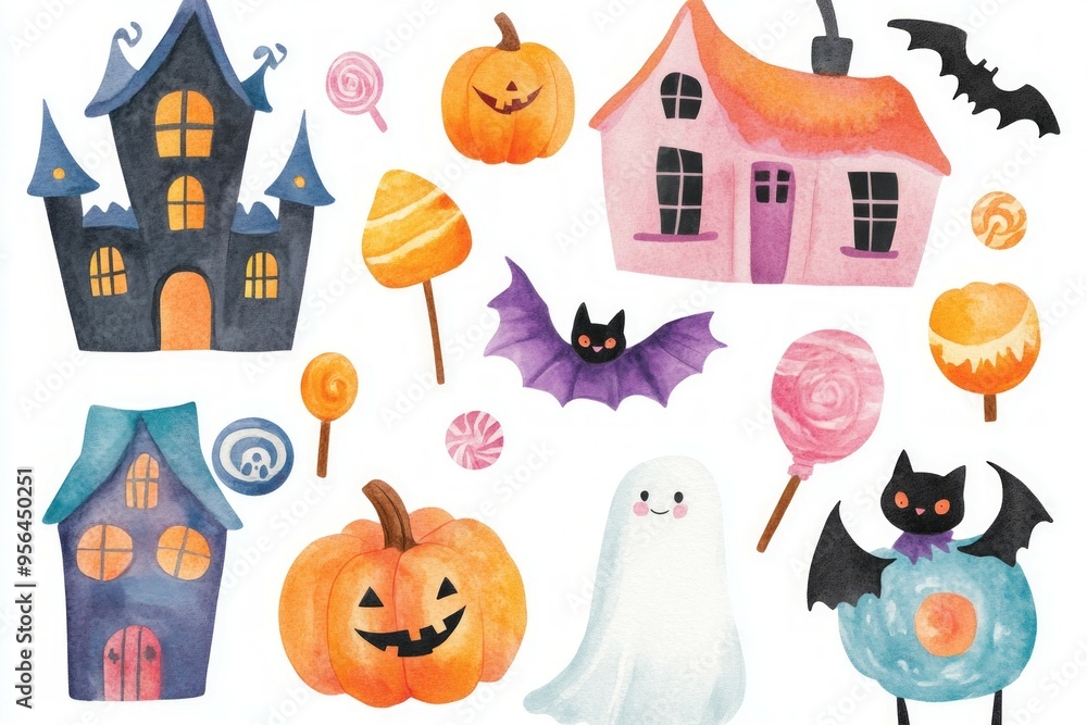 watercolor Halloween-themed clipart. Include elements such as pumpkins ...
