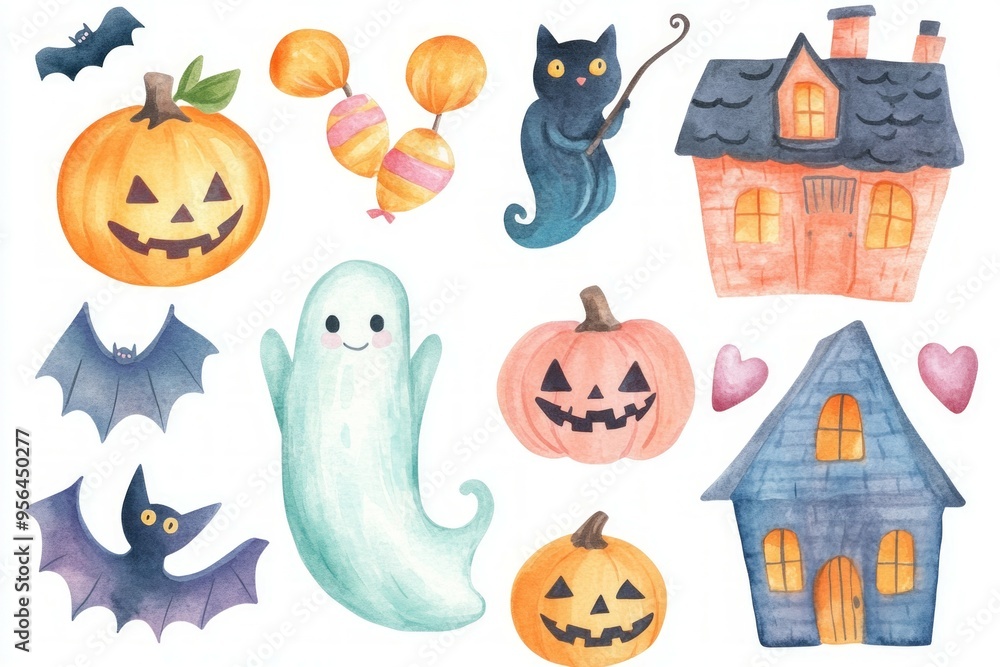 watercolor Halloween-themed clipart. Include elements such as pumpkins ...