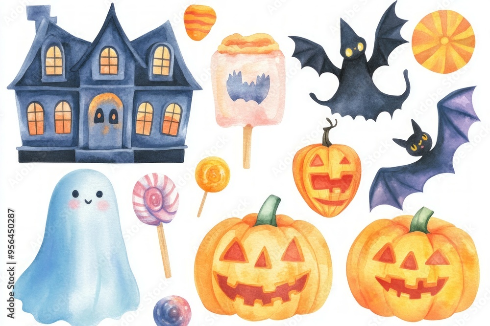 watercolor Halloween-themed clipart. Include elements such as pumpkins ...