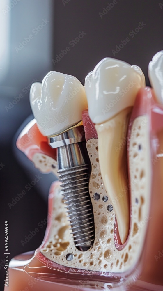 A detailed model of a human jaw shows a dental implant in the lower ...