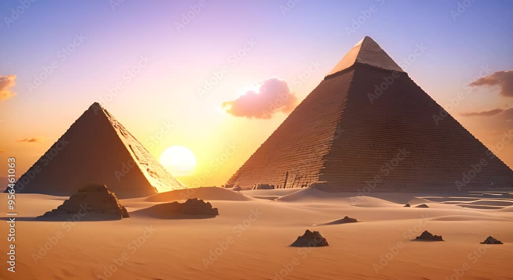 Landscape with ancient Egyptian pyramids sky and sunset The concept of ...