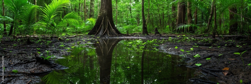 This image features a lush, green swamp with still water that perfectly ...