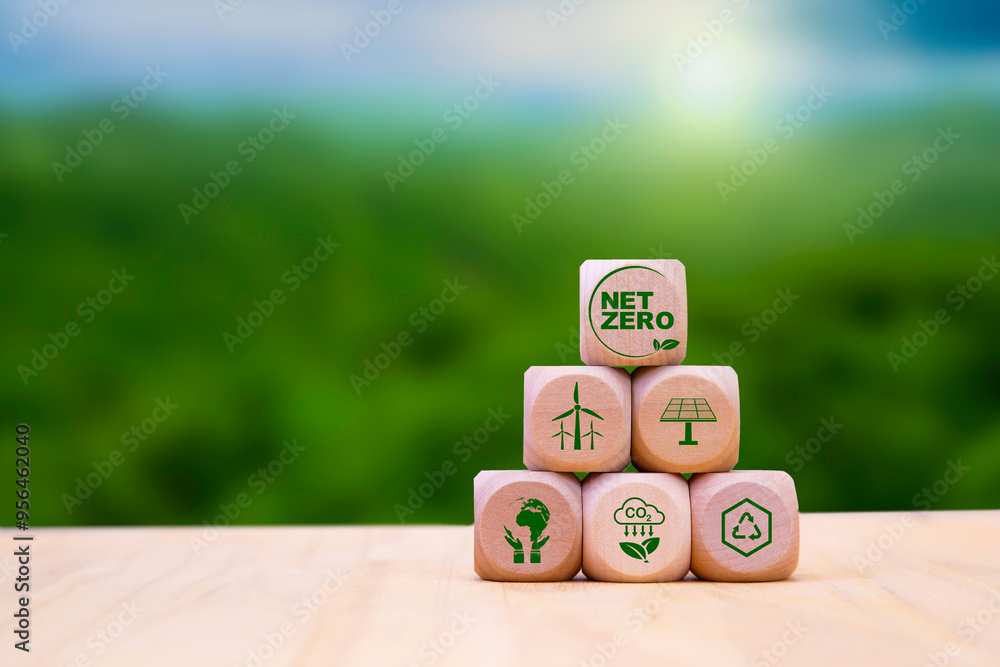 Net zero icon at wood box on wonder floor at green background. Net zero ...