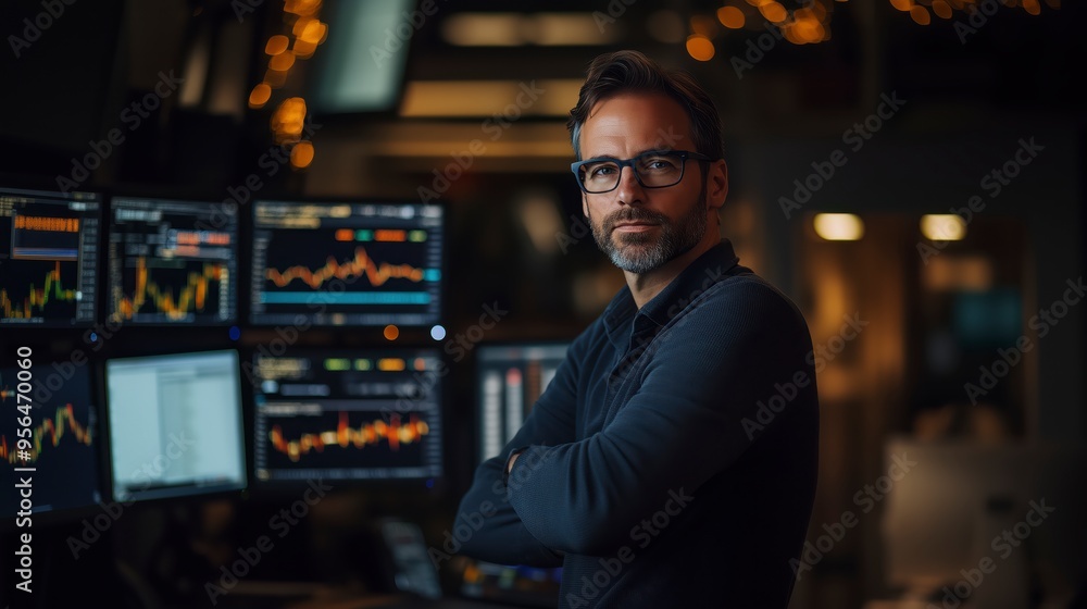 Stock market broker analyzing charts on multiple computer screens while standing with his arms ...