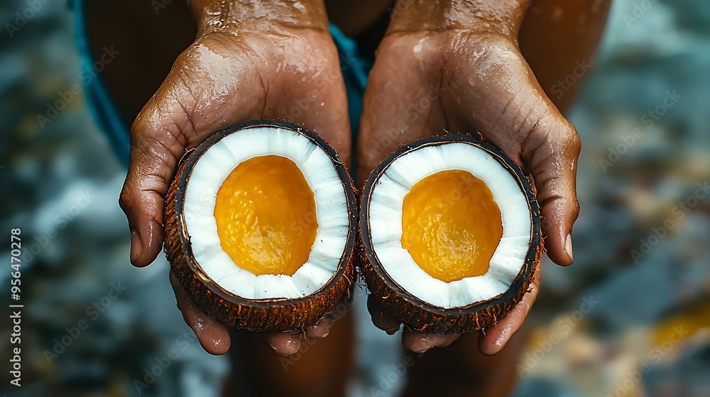 Human hands hold coconut halves in chickens on beach Tropical fruits ...