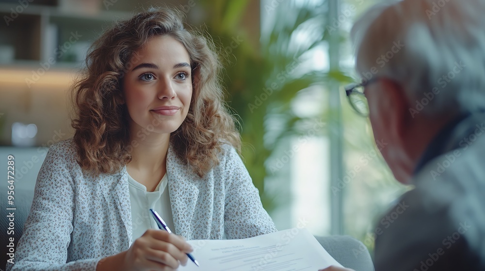 Focused female patient signing informed consent form while sitting on ...