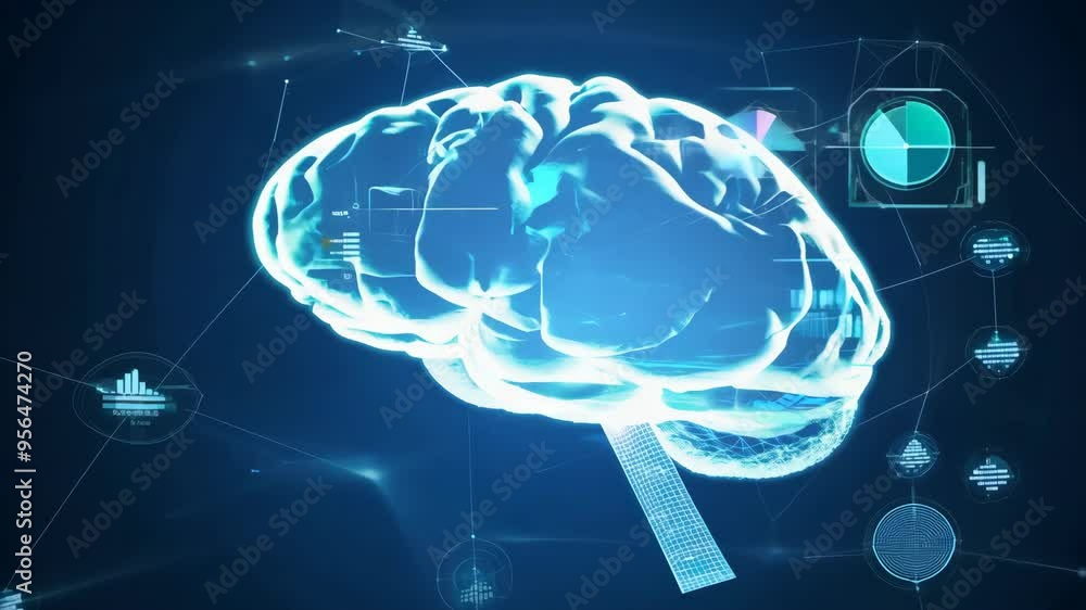 "Animation of an artificial intelligence brain with big data flow analysis, featuring a shining ...