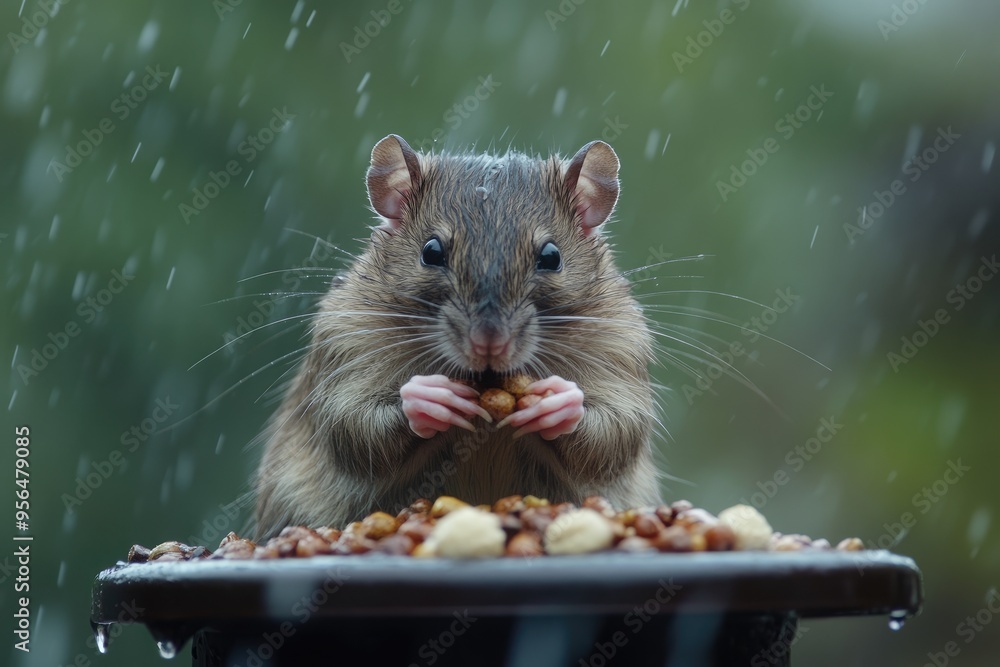 Cute rat eating nuts in the rain. This image captures a rat enjoying a ...
