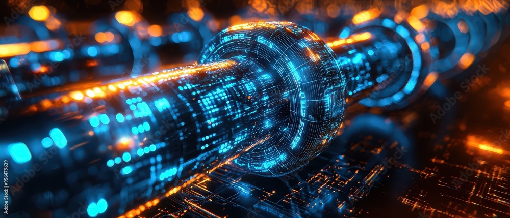 A digital representation of an advanced data cable system, with glowing ...