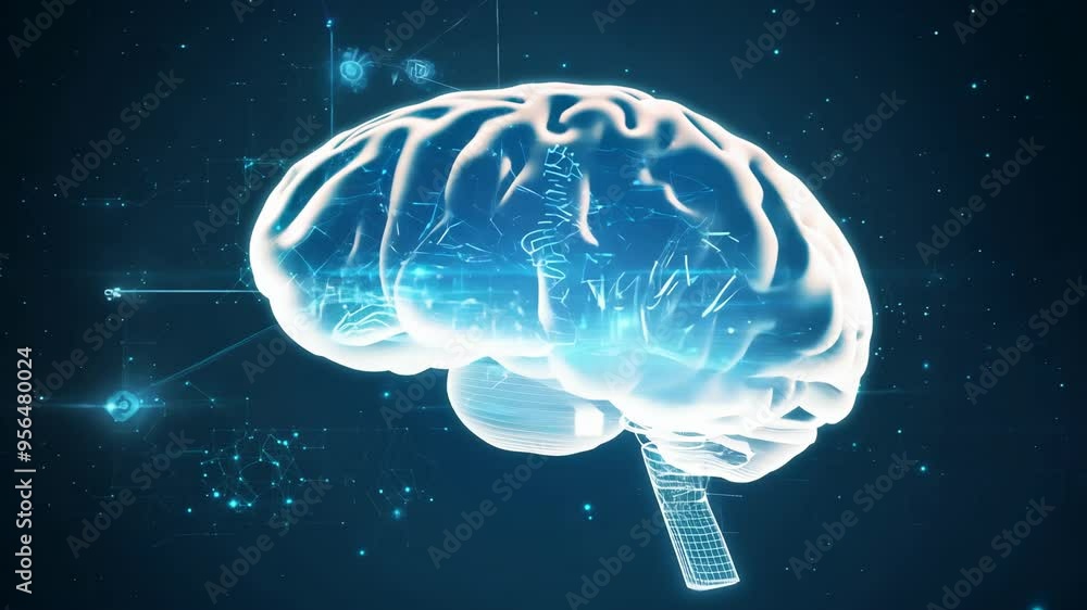 "Artificial intelligence brain animation featuring big data flow analysis, with a shining ...