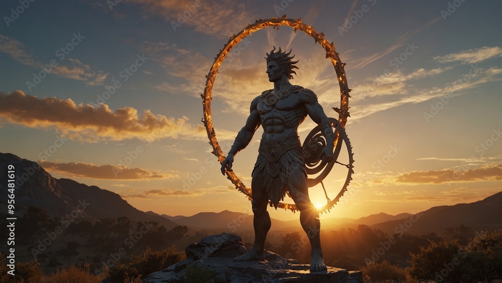 A statue of Helios standing in a dawn wilderness, holding the sun wheel ...