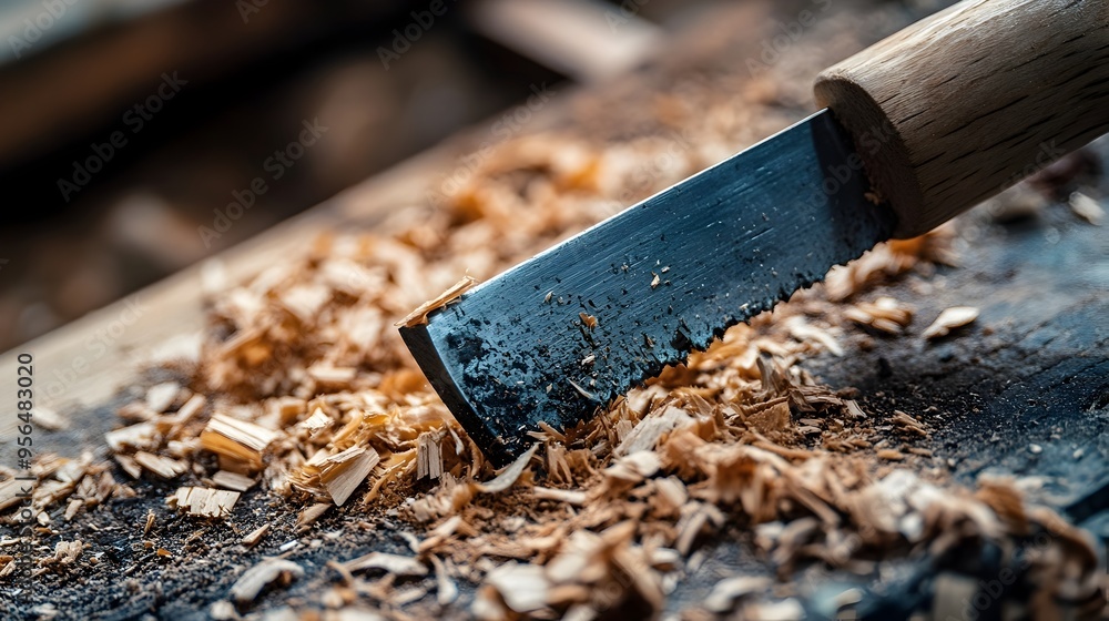Macro photography capturing the sharp edge of a chisel as it cuts into ...