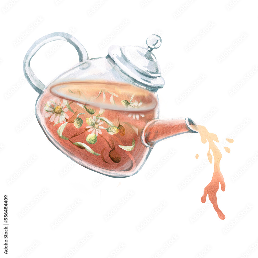 Transparent tea set: teapot and cup with chamomile tea in watercolor ...
