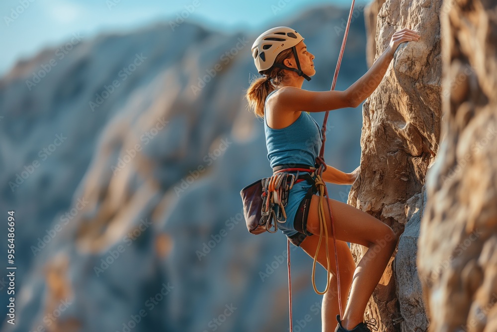 beautiful young girl rock climber. Rock climber descends from the route ...
