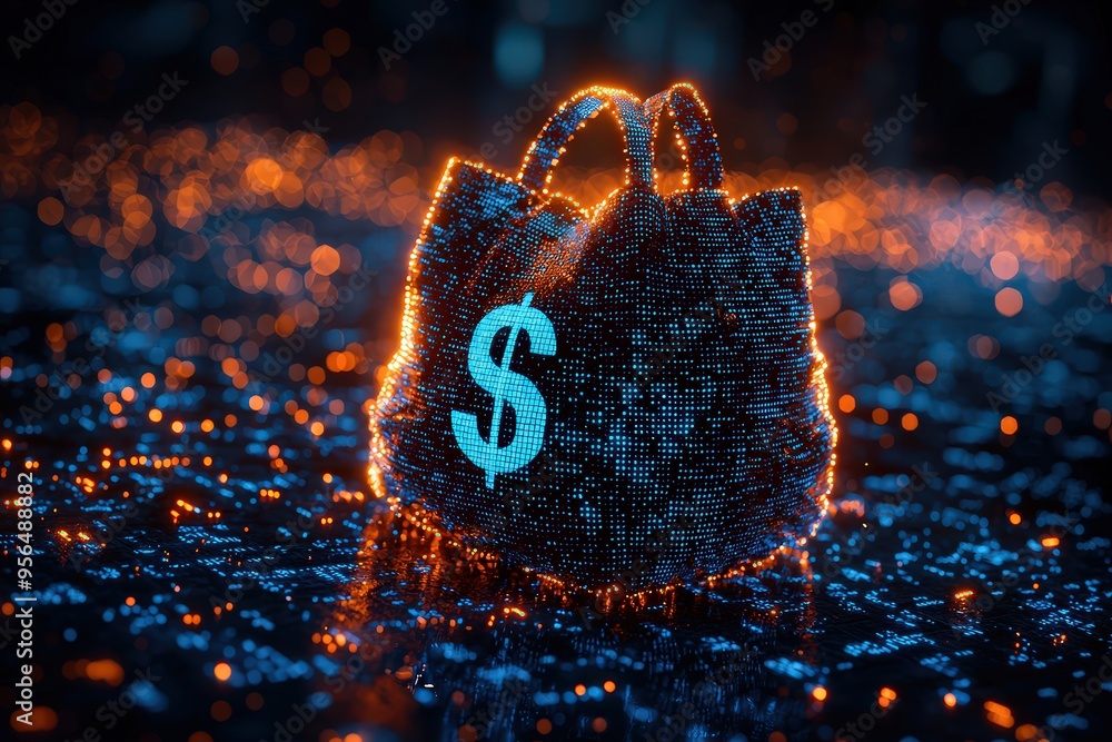A money bag made of blue digital numbers In front of it lies a ...