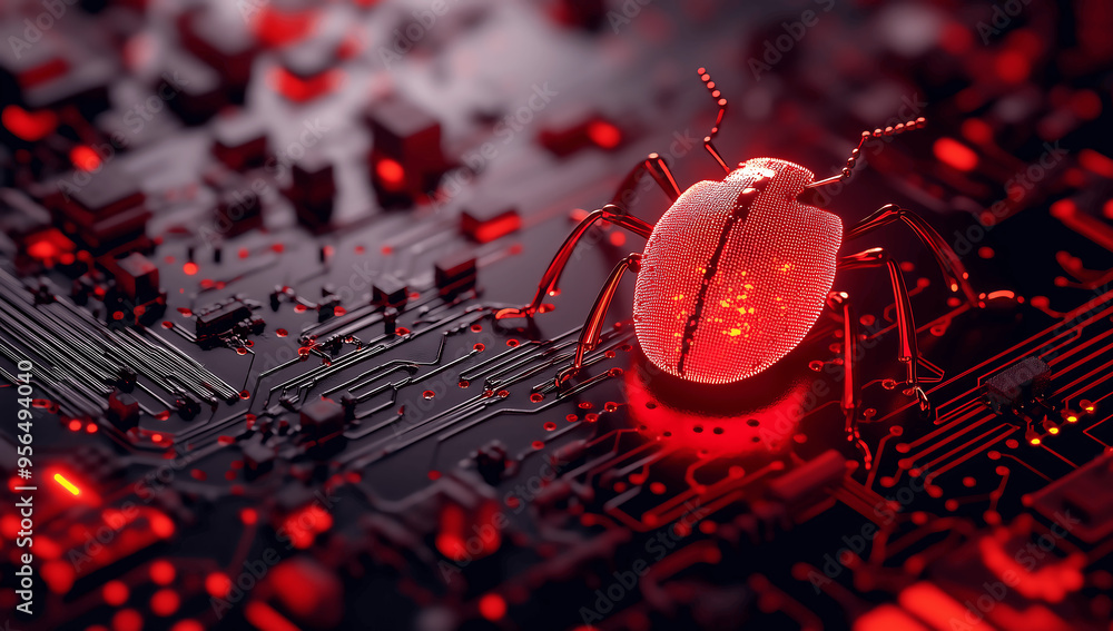 Red Cyber Bug on a Circuit Board, Representing a Digital Threat in a ...