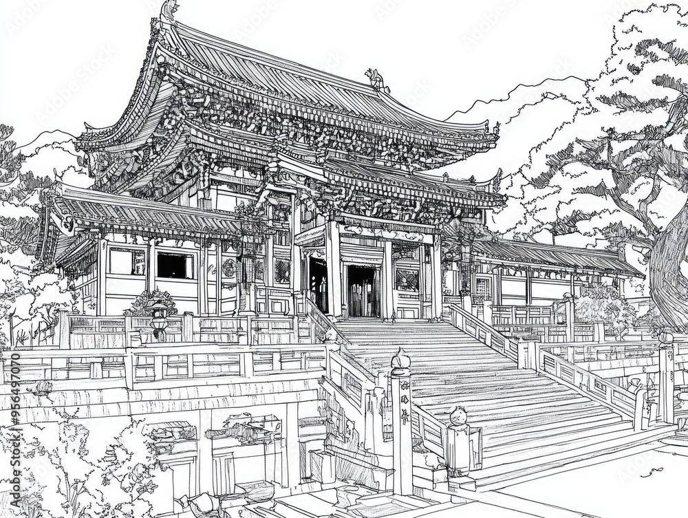 Traditional shrine architecture in an eastern region illustrated in ...