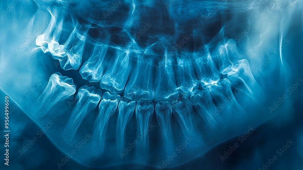 Macro photography of a dental x ray film focusing on the detailed image ...