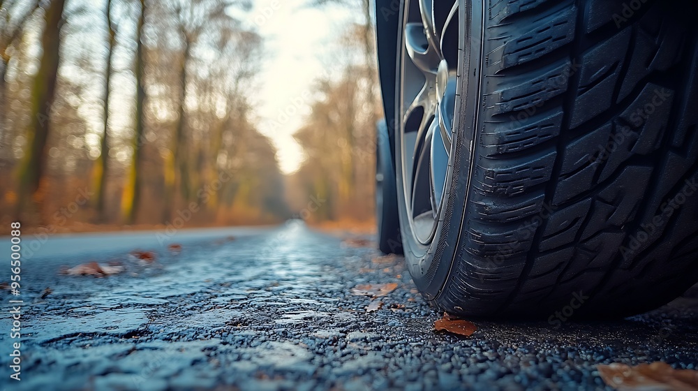 Winter tires on a asphalt road Four wheel off Change a summer tyre ...