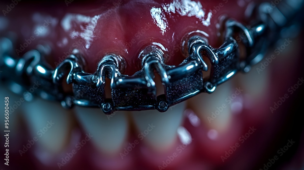 Detailed Macro Photograph of Dental Braces Highlighting the Complex ...