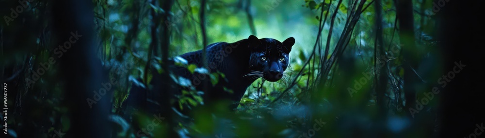 Panther slinking through the forest underbrush, barely visible in the ...
