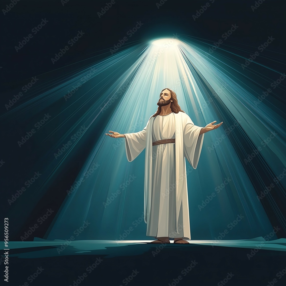 Jesus Christ smiling in rays of light on isolated background in cartoon ...