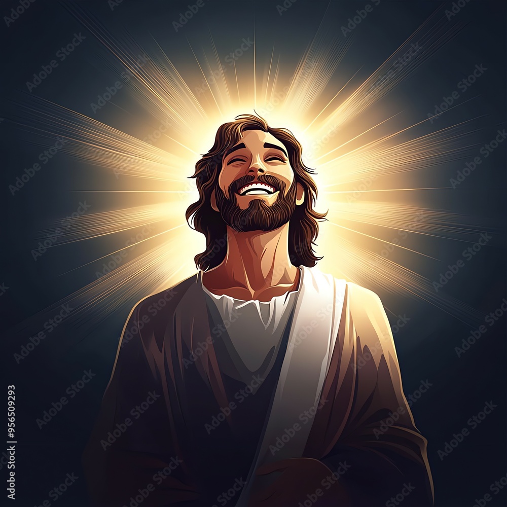 Jesus Christ smiling in rays of light on isolated background in cartoon ...