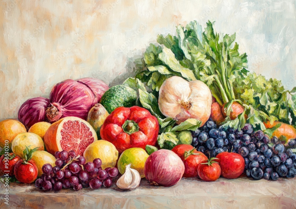 Oil painting showcasing an assortment of prebiotic foods promoting gut ...