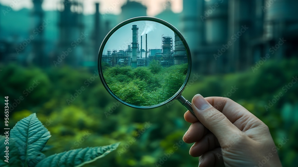 Hand holding magnifier glass and focusing to green factory among pollution manufacturing for ...