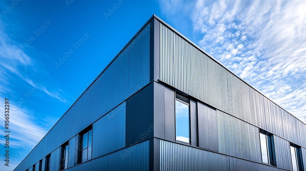 Group of industrial factory buildings with geometric pattern of ...