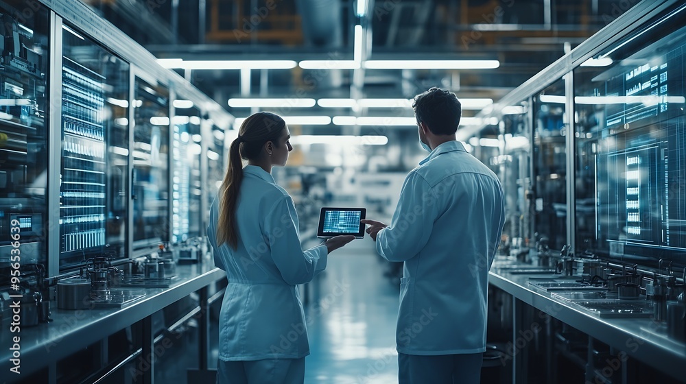 Factory Digitalization Two Industrial Engineers Use Tablet Computer Big ...